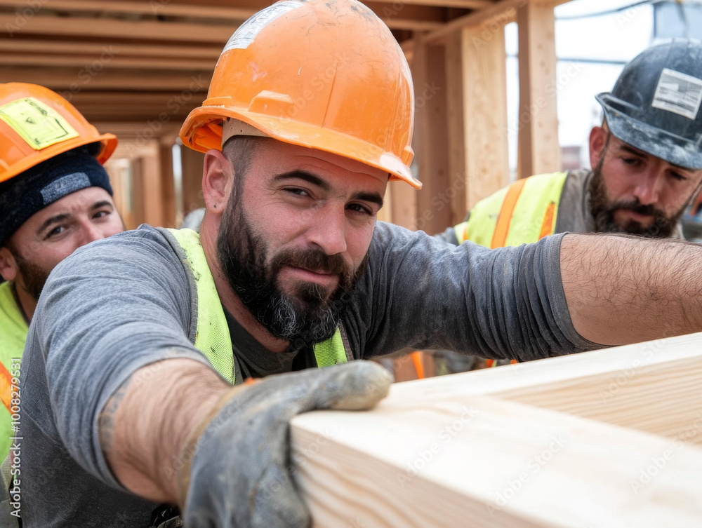 A team of construction workers assembling a mass timber building ...