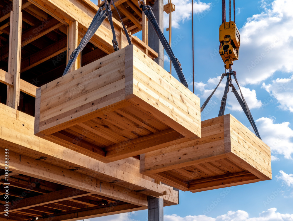 A close-up of cross-laminated timber (CLT) panels being lifted into ...