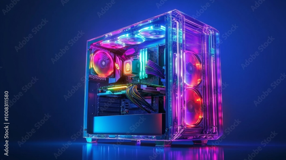 High-performance gaming PC case with transparent side panel, glowing ...