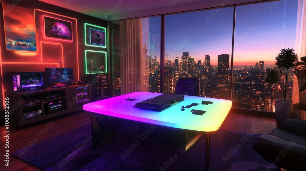 Multi-colored sRGB-lit gaming table, dim room with a clear window ...