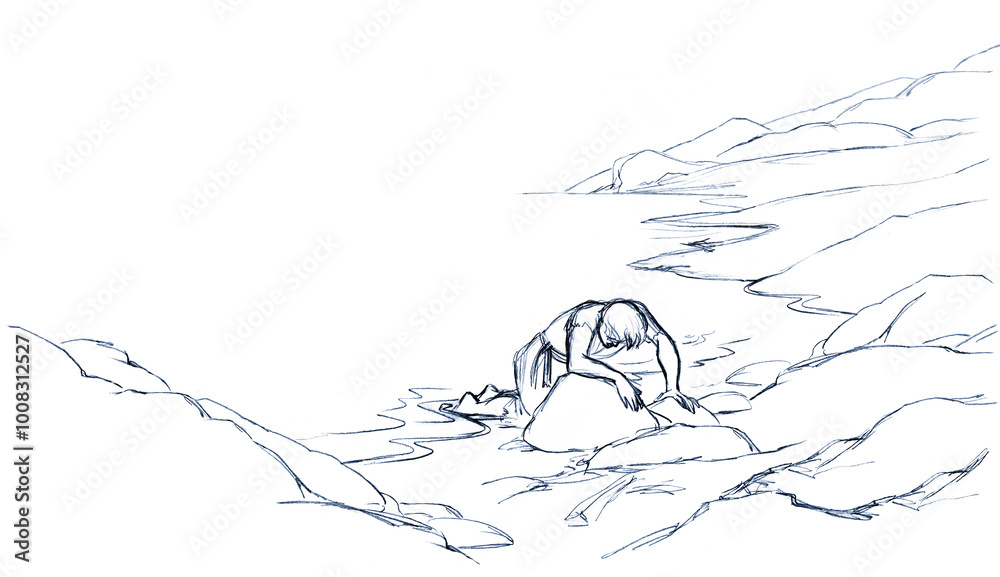 Pencil drawing. A man who escaped ashore after a shipwreck Stock ...