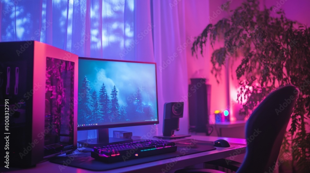 RGB-lit gaming desk, soft light from a dimly lit clear window, creating ...