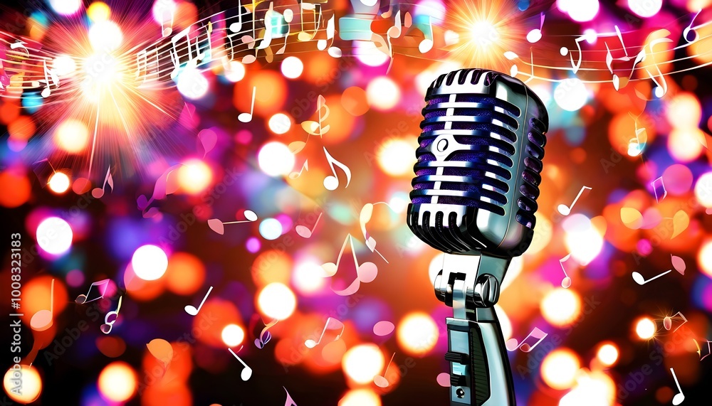 Vibrant karaoke stage featuring a microphone illuminated by glowing ...