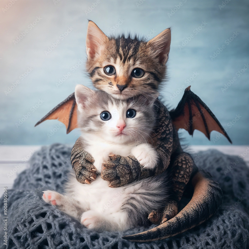 Dragon kitten hugs a little kitten. Care and protection of small ...