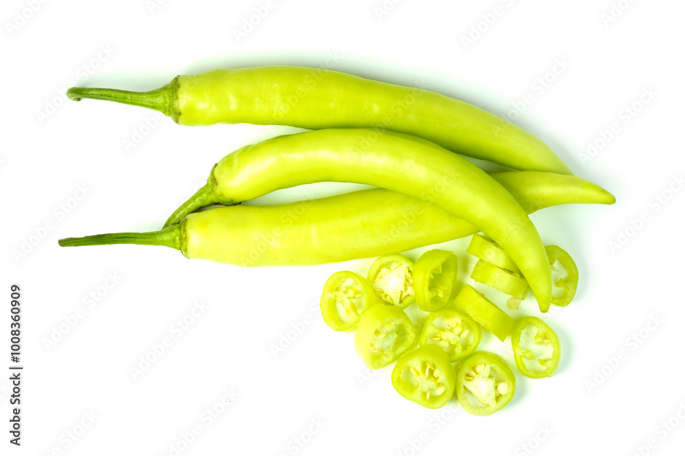 Heap of Fresh Big Green Chillies Pepper (Capsicum frutescens) whole and ...