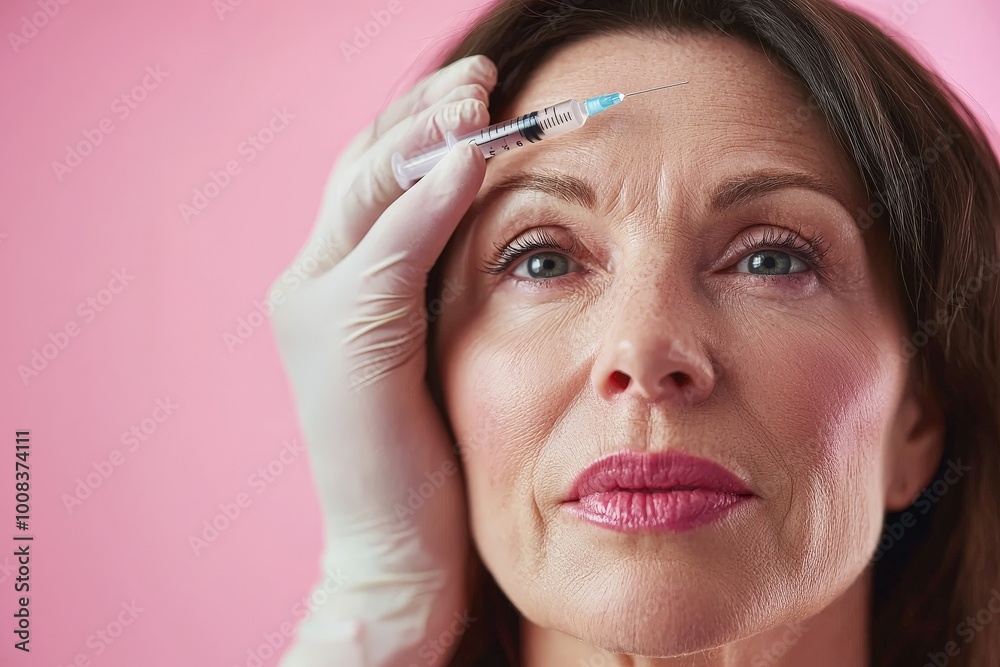 Beautiful 40s woman is having her face treated with Botox by an ...
