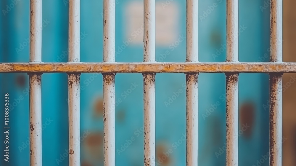 Rusty prison bars against a blue wall, highlighting confinement and ...
