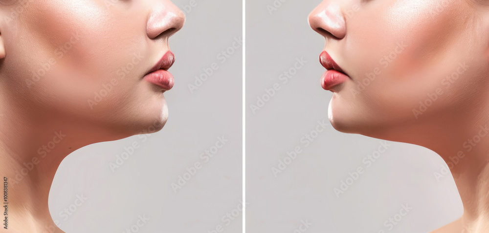 Before and after images of an obese woman's face on the left side, with ...