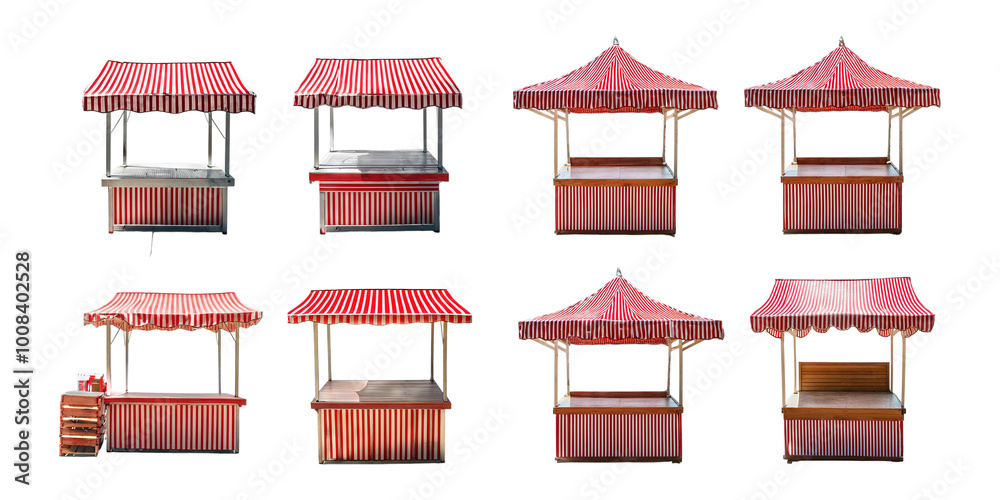 collection of red and white striped market stalls, isolated on a ...