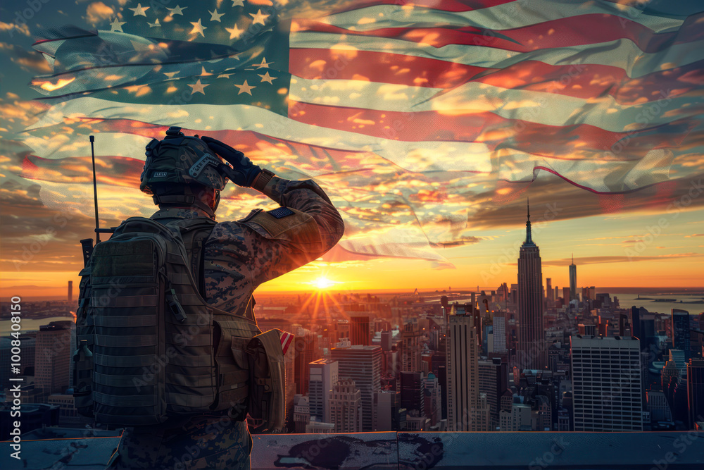 Army soldier, wearing a helmet and pack, is standing, saluting. The ...