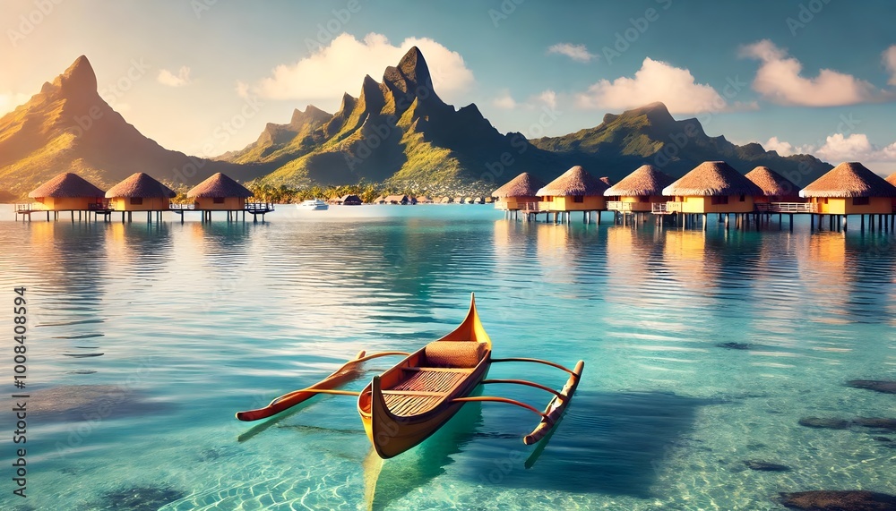 A traditional Polynesian outrigger canoe sailing in the calm waters of ...