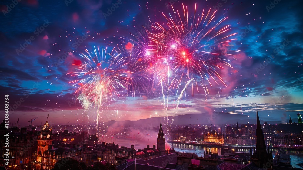 Scottish Hogmanay Festival. The night sky is illuminated by a dazzling ...