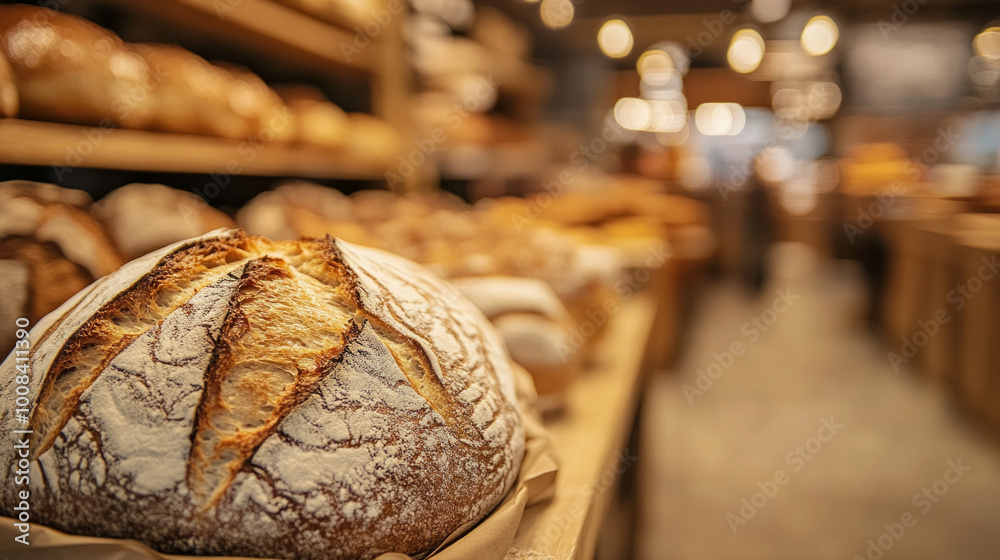 A freshly baked loaf of bread is captured up close, with a warm, blurry ...
