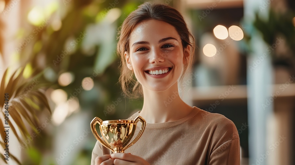 Woman with radiant smile holding trophy. The concept of celebrating ...