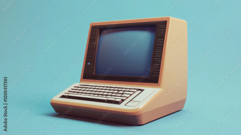 This 3D rendering of a retro-style computer features a large screen and ...