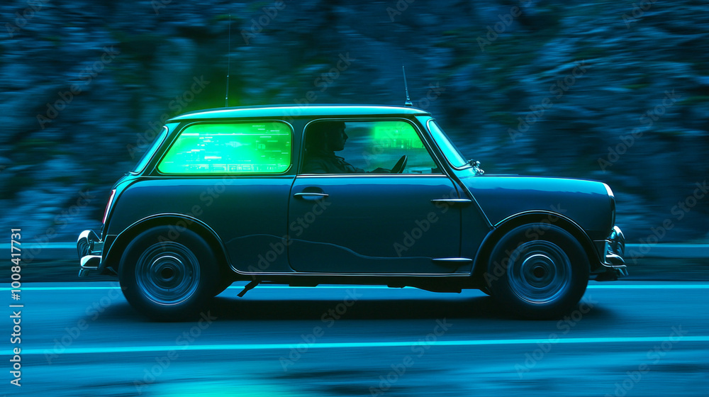 A side view of a classic Mini Cooper against a stunning Norwegian ...