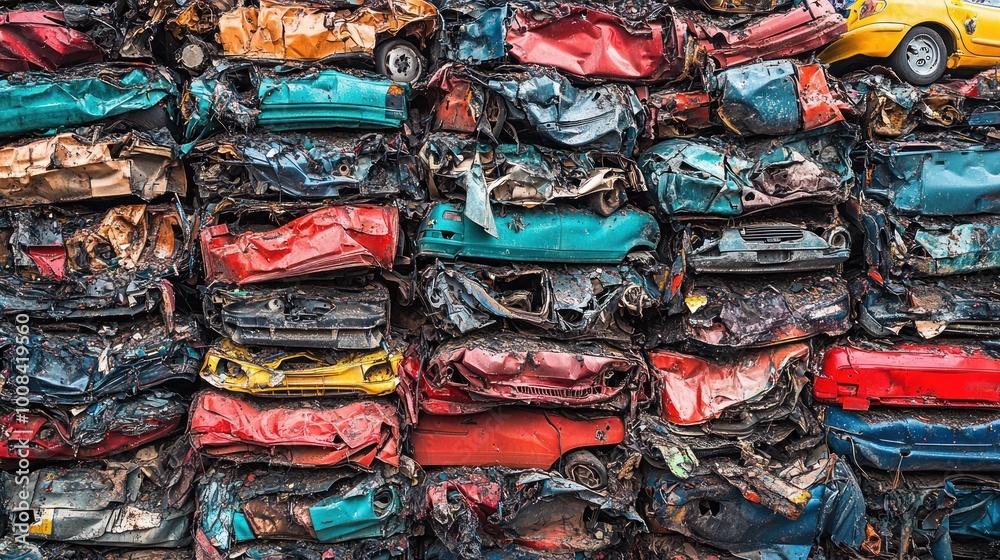 A stack of crushed cars in a junkyard, showcasing vehicle recycling and ...
