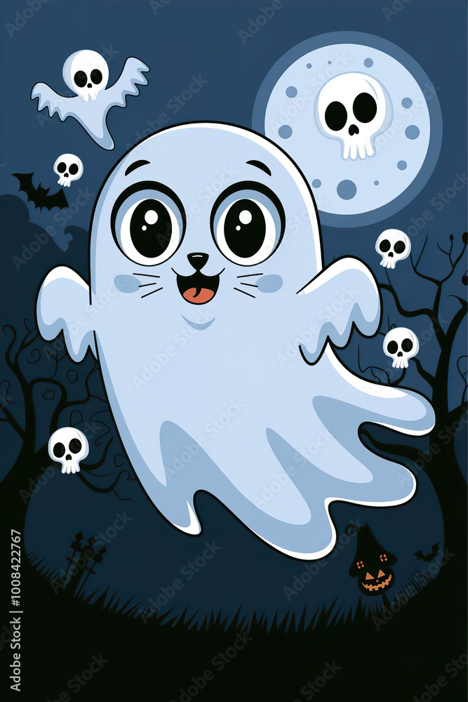 Cute cartoon ghost cat on dark background. Spooky flying spirit. Vector ...