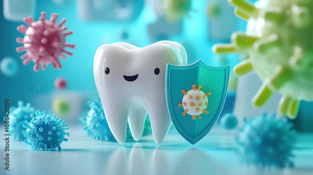 Cute smiling tooth with shield surrounded by colorful germs promoting ...