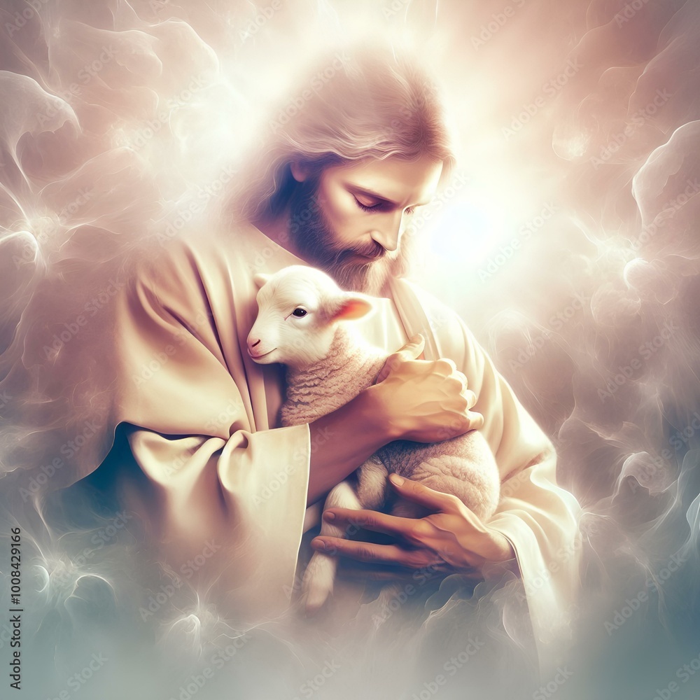 ethereal depiction of jesus christs hands gently cradling a lamb ...
