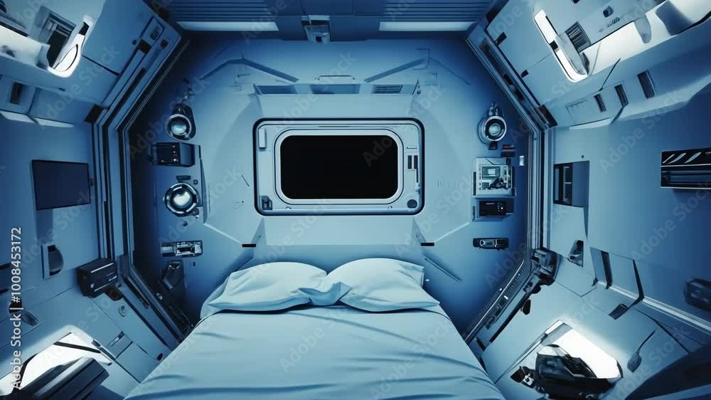 A bed is made in a futuristic spaceship cabin, ready for a space ...