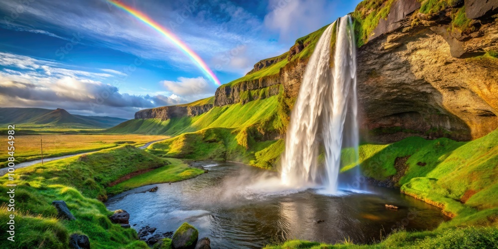 Majestic Seljalandsfoss fossinn í sumarsólinni, glæsilegt regnbogaskin ...