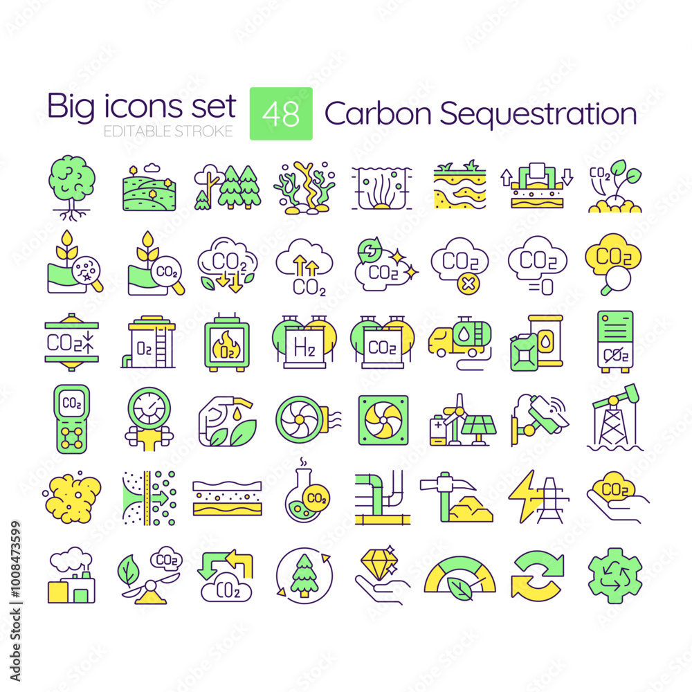 Carbon sequestration RGB color icons set. Co2 emission, gasification. Ecology preservation ...