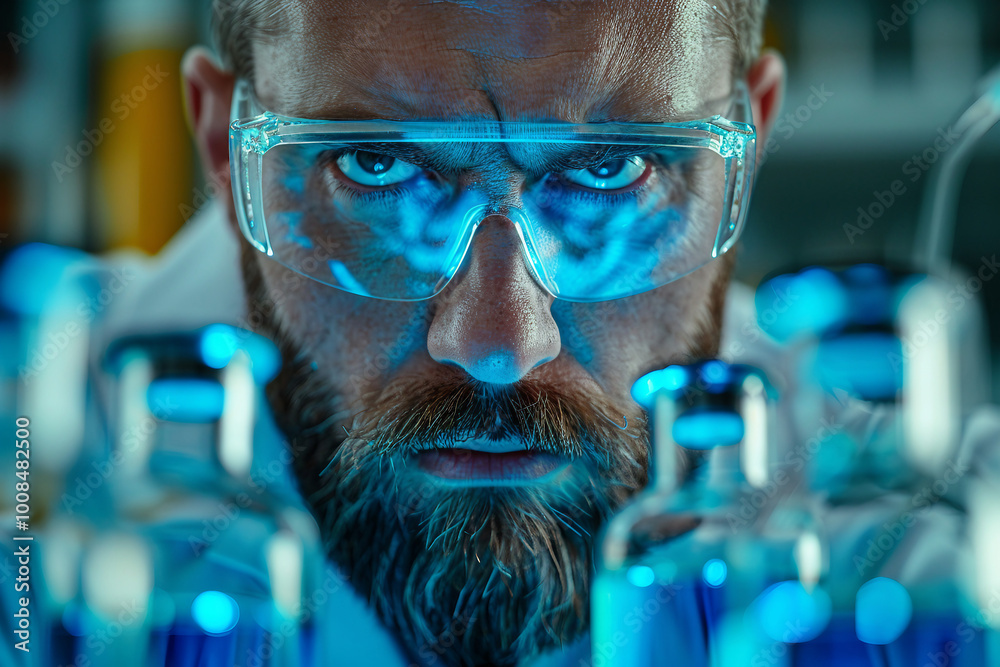 Mad crazy funky scientist in his laboratory with messy hair making ...