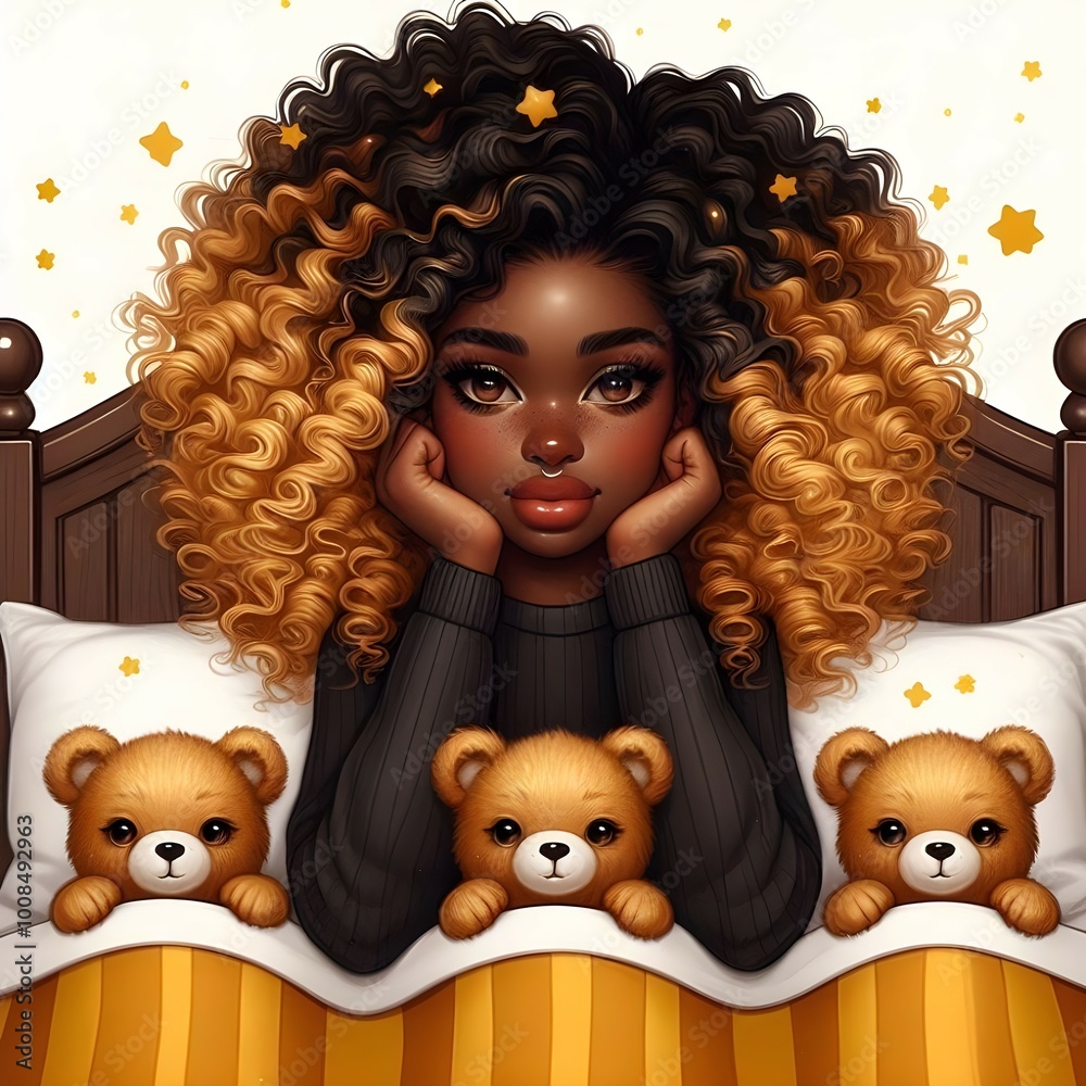 goldilocks as a young black african american girl with three bears in a ...