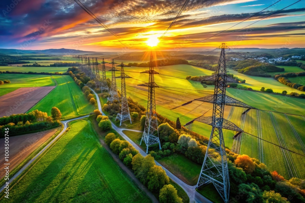Electric Line Infrastructure Against a Clear Blue Sky with Power Towers ...