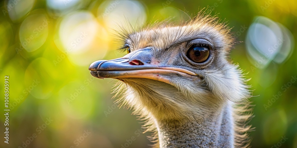 A close-up portrait of an ostrich with its head turned to the side ...