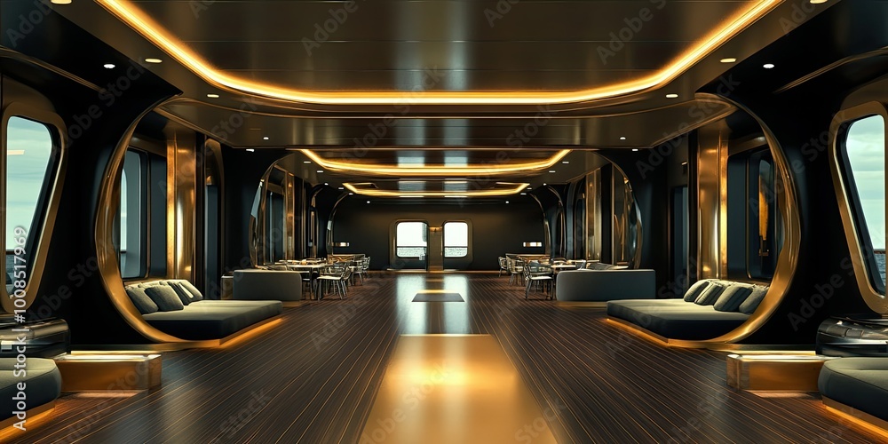 dark grey and gold luxury cruise ship deck cafeteria with modern wooden ...