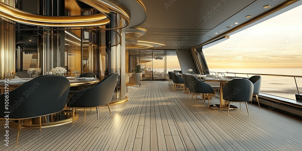 dark grey and gold luxury cruise ship deck cafeteria with modern wooden ...