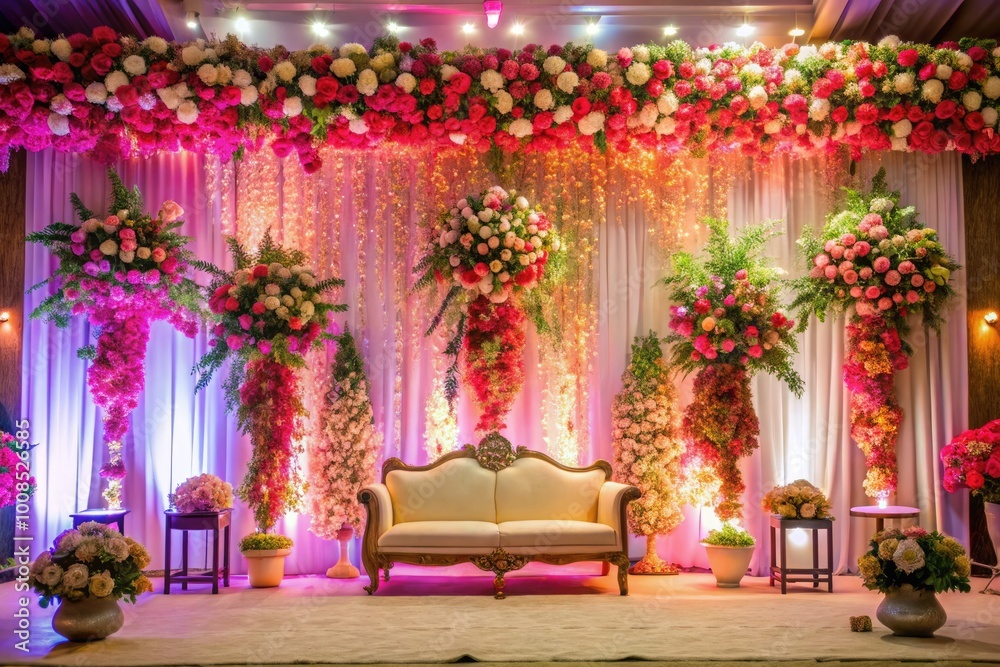 Elegant wedding stage setup with floral decorations and soft lighting ...