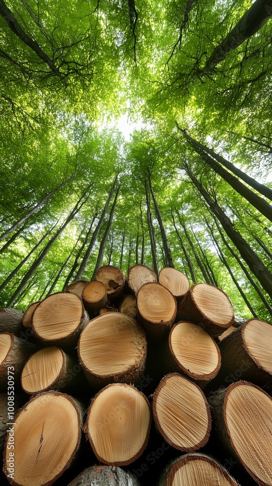 Freshly cut timber logs stacked high against lush green forest canopy ...