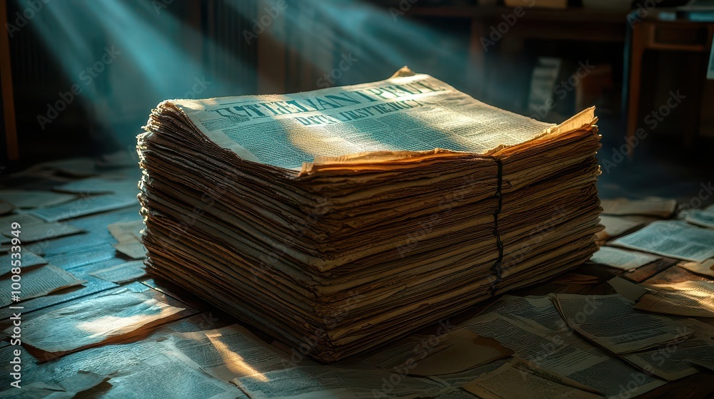a stack of newspapers illuminated by a flashlight casting a focused ...