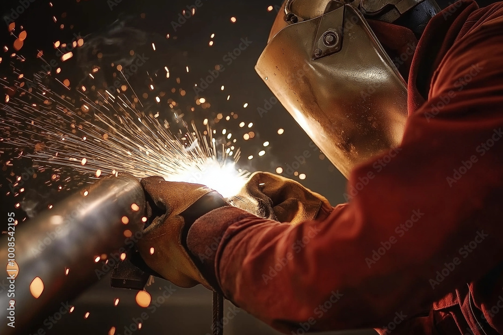 Welder welding metal with lots of sparks flying around, wearing protective welding gear ...