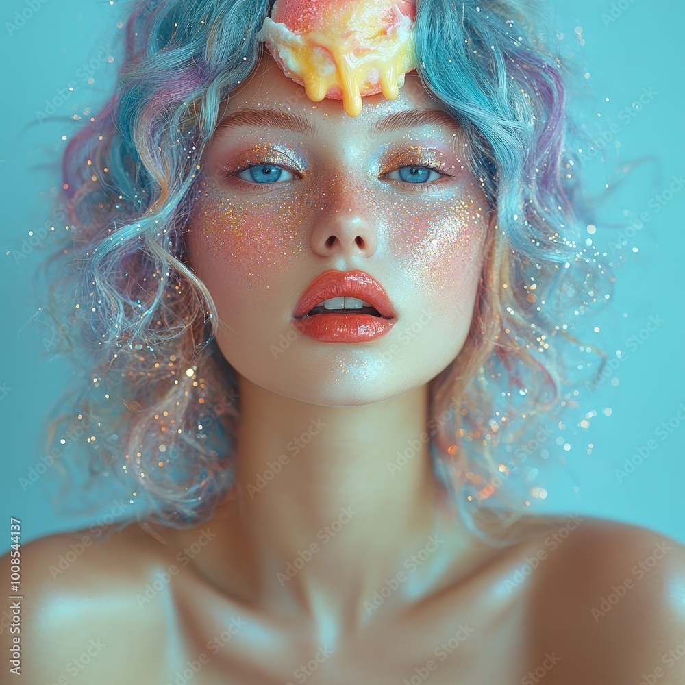 Beautiful Woman with Colorful Hair and Melting Ice Cream on Her Head ...