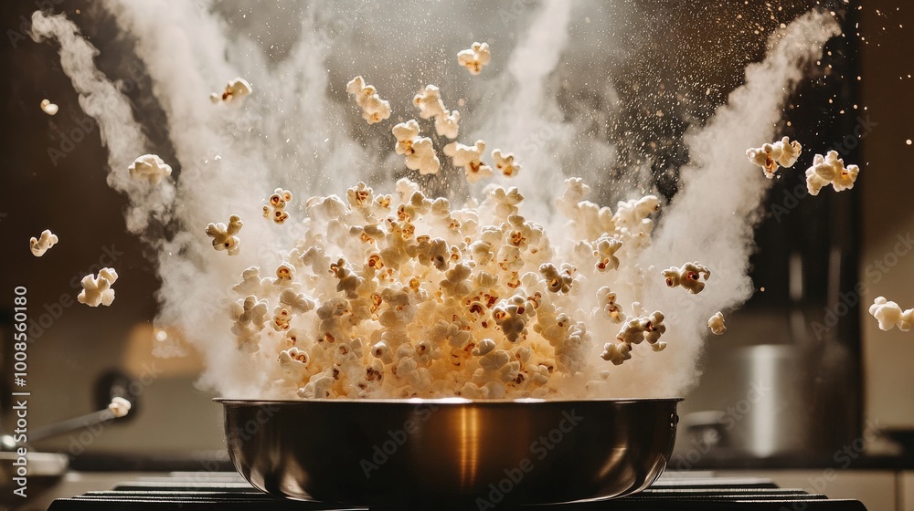 Hot oil causes popcorn kernels to explode dramatically in the pan ...