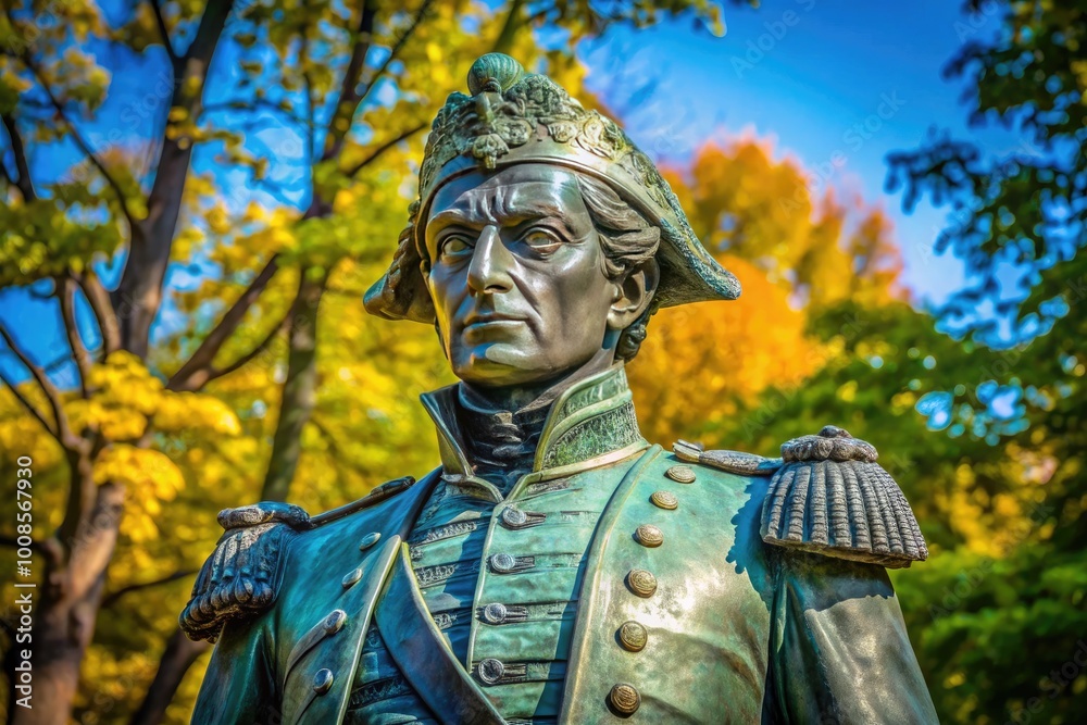 Historical statue of a French military leader in an outdoor park ...