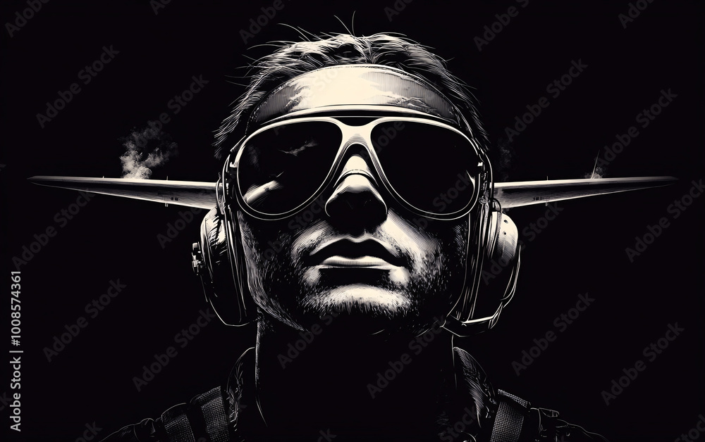 Black and white illustration of a vintage aviator wearing goggles and ...