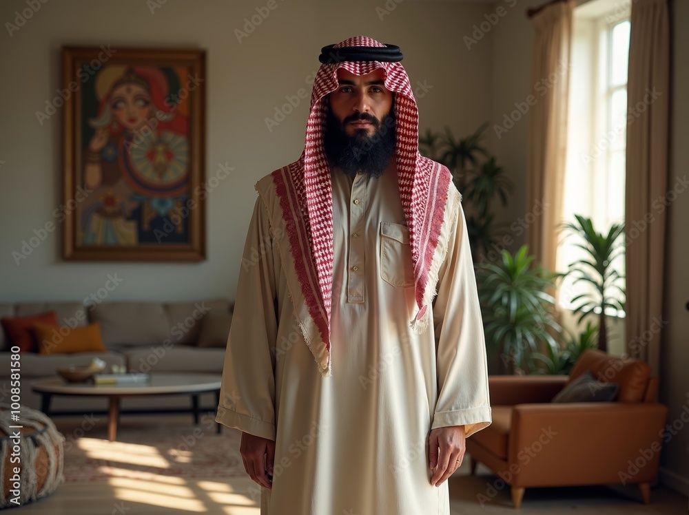 Muslim Arabic man in traditional attire stands confidently in modern ...