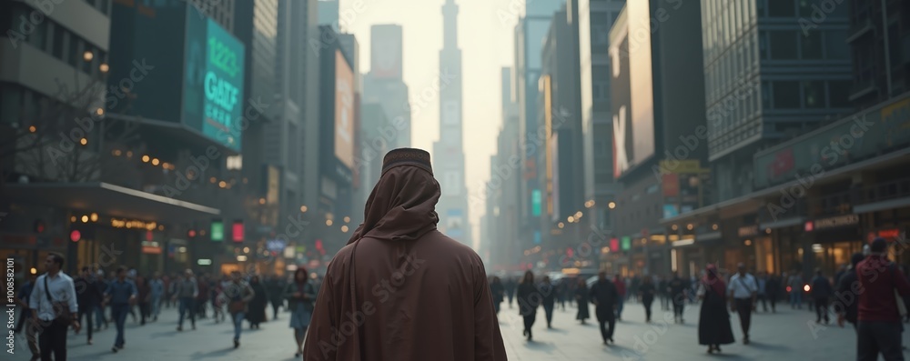 Muslim man wears traditional Arabic attire standing in the middle of ...