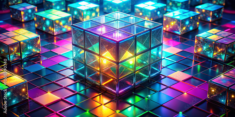 vibrant 3D cube pattern materializes in mid air, its facets glowing ...