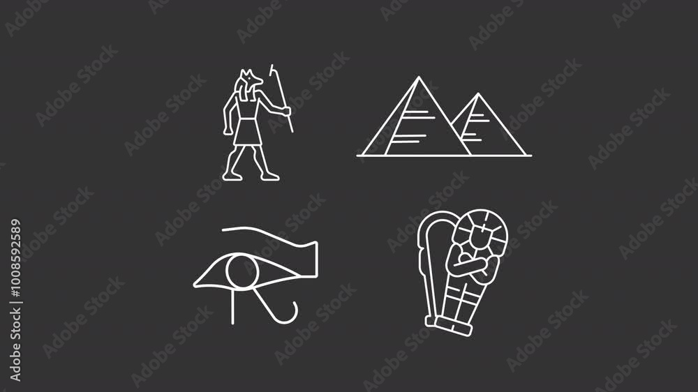 Animated ancient egypt white icons. Egyptian culture line animation ...