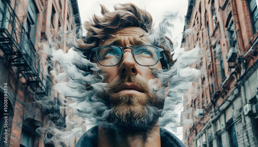 Contemplative urban portrait of a man with a smoky beard and shattered ...