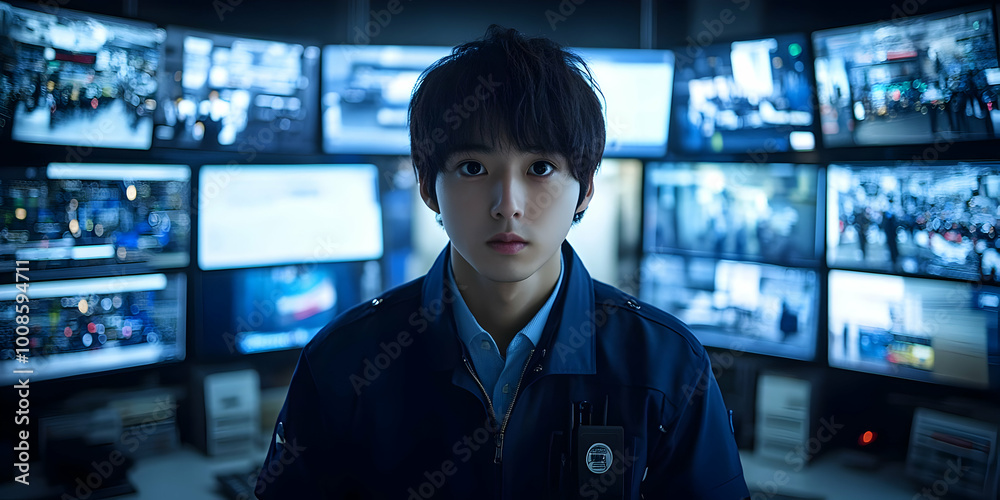 A Young Man in a Security Uniform Stands in Front of a Wall of Security ...