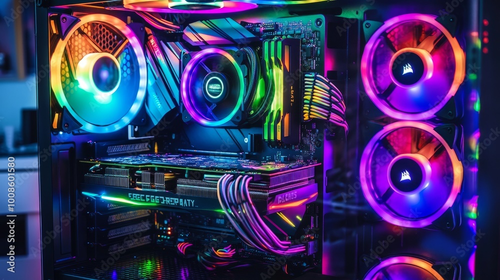 High-end gaming PC case with RGB lighting, clear side window revealing ...