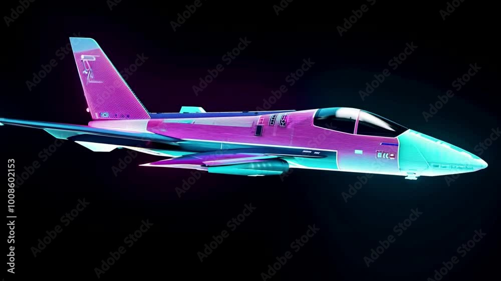 Fighter jet 3D model of a futuristic , bright neon lights on a black ...