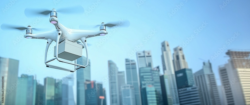 robot smart delivery drone holding delivery package box shipment flying ...